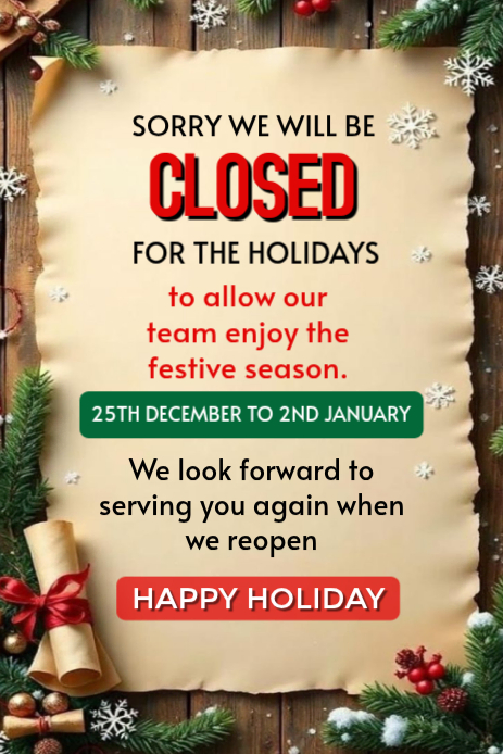 Plantilla de Yellow Typographic Closed For The Holiday Season Pinterest ...