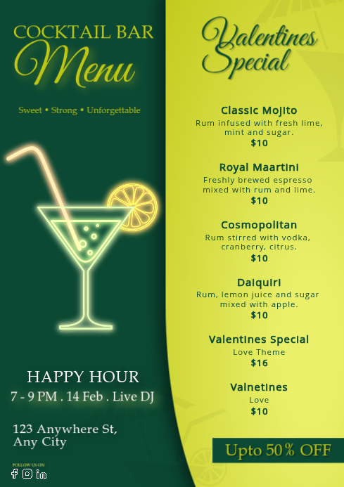 Yellow Valentine's Day Cocktail Bar Menu A4 Template | PosterMyWall