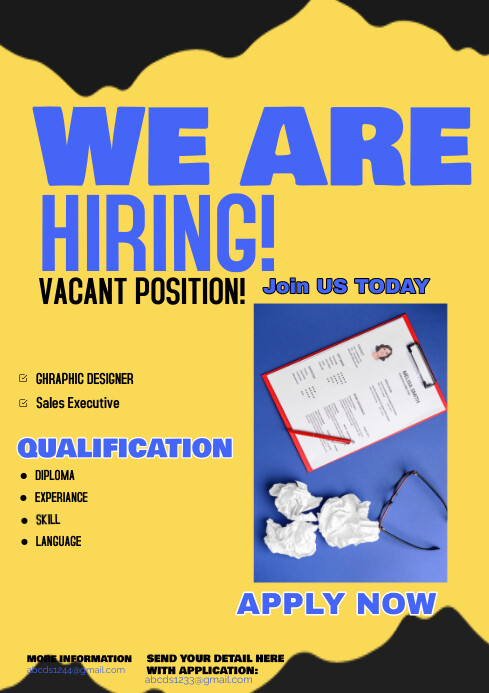 Plantilla de Yellow We Are Hiring Job Positions For New Yo | PosterMyWall