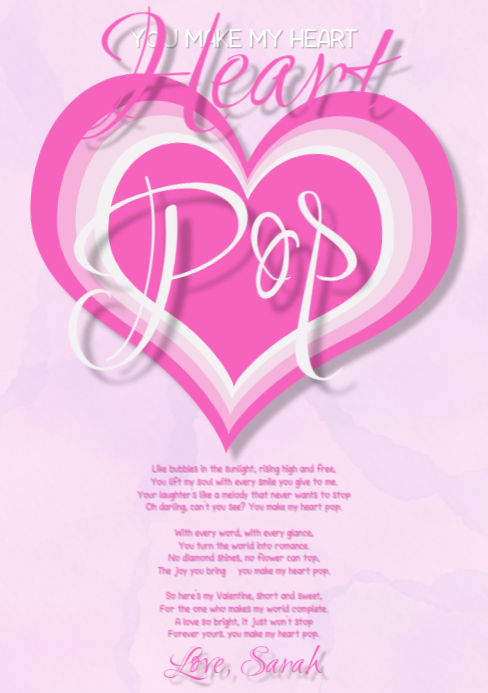 You make my heart pop valentine poem with pink heart Template ...