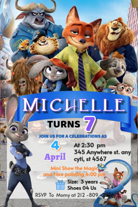 Zootopia invitation happy Brithday temple flayer editablet celebration ...
